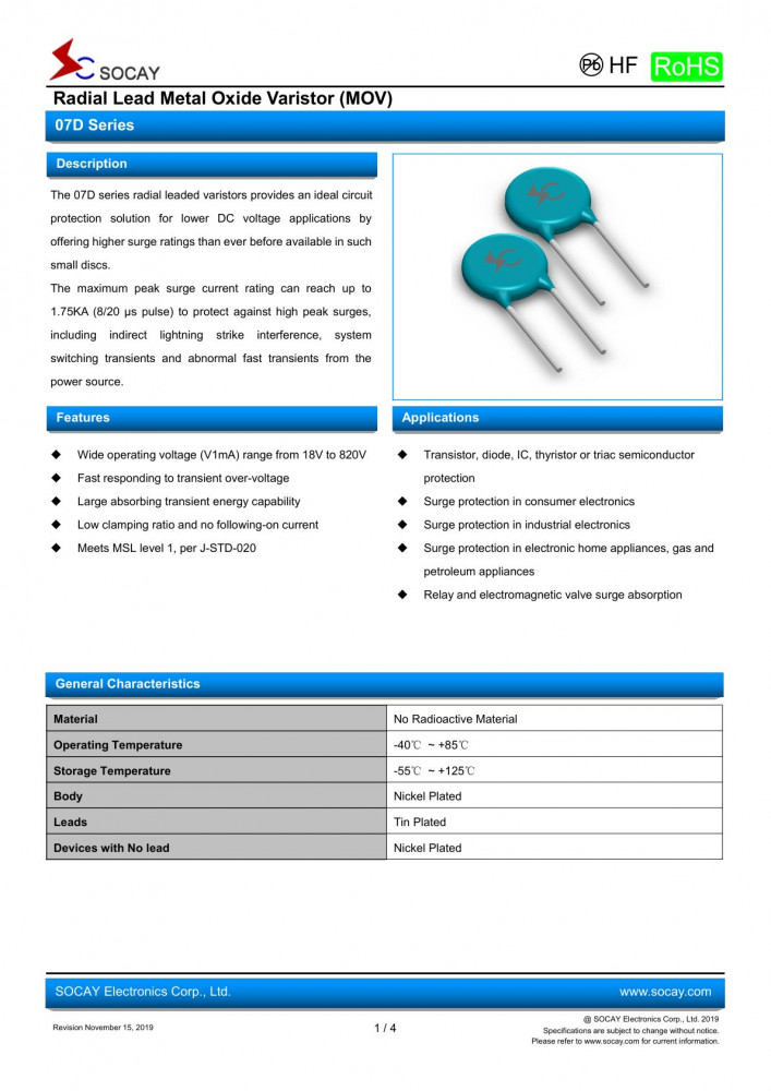 SOCAY 07D series MOV datasheet page 1