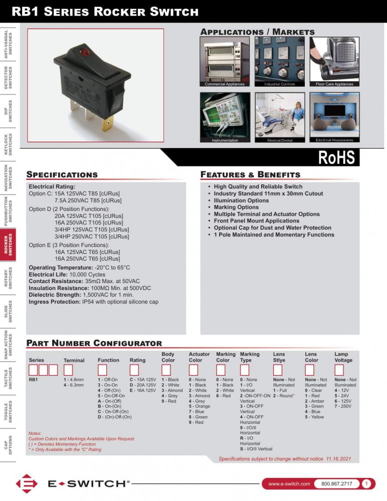 RB1 Series rocker switch datasheet page 1
