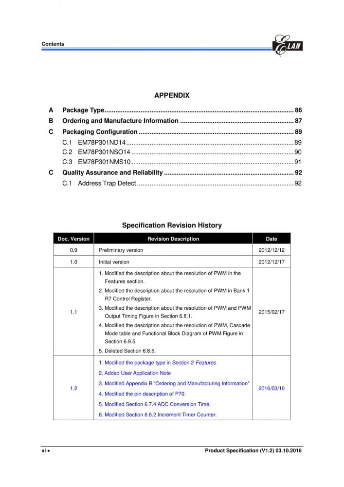 EM78P301N datasheet page 6