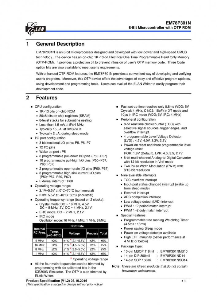 EM78P301N datasheet page 9