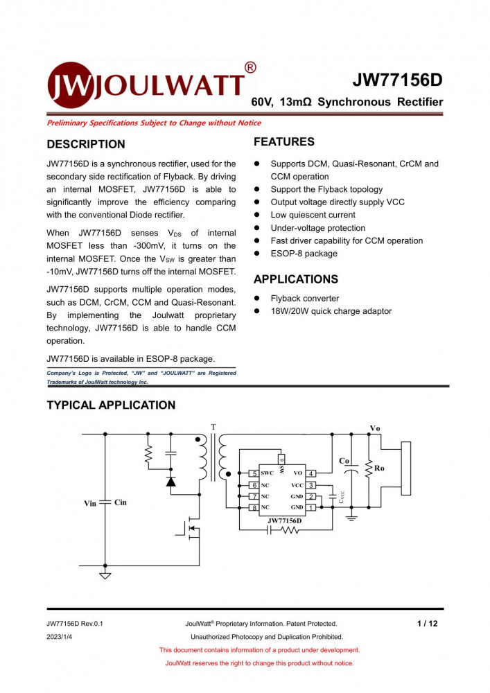 JW77156D datasheet page 1