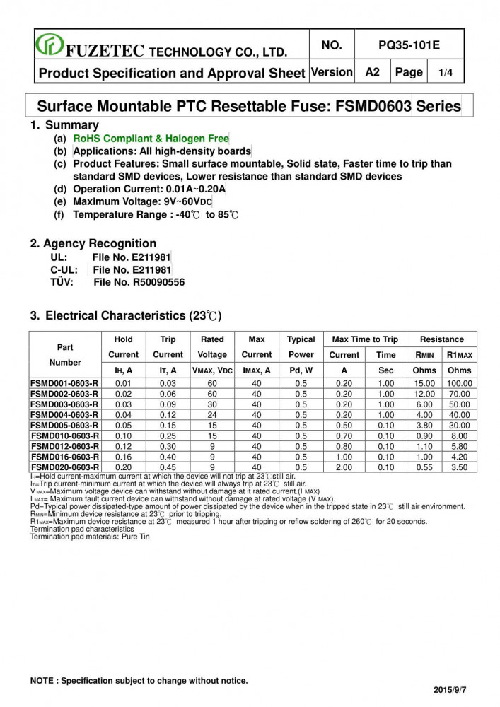 FUZETEC FSMD0603 specification sheet page 1