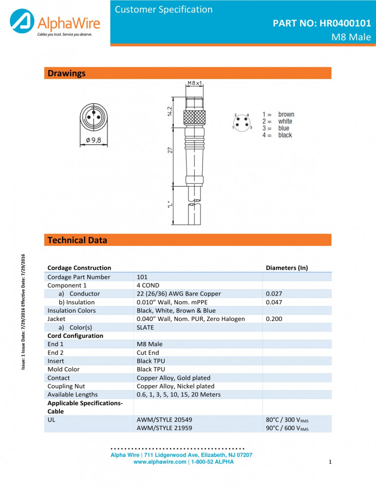 Alpha Wire HR0400101 SL357 technical drawing page 1