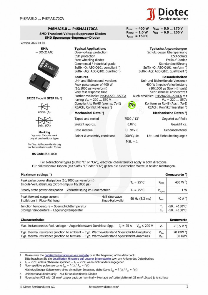 DIOTEC P4SMAJ TVS diode document page 1