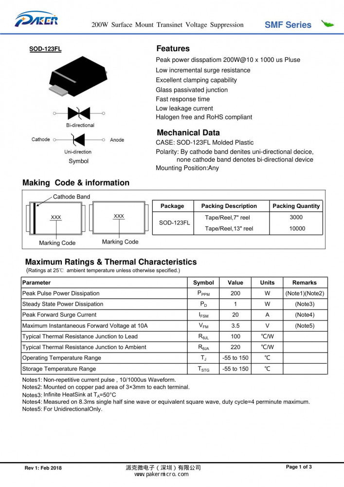 PAKER SMF6.0A datasheet page 1