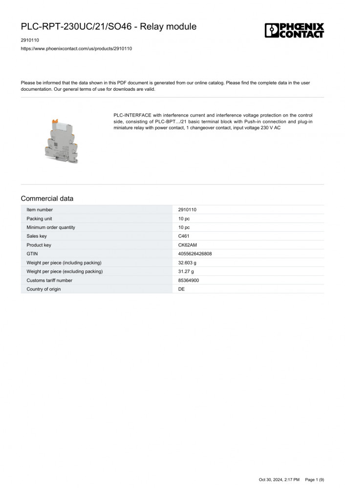 Phoenix Contact 2910110 technical document page 1