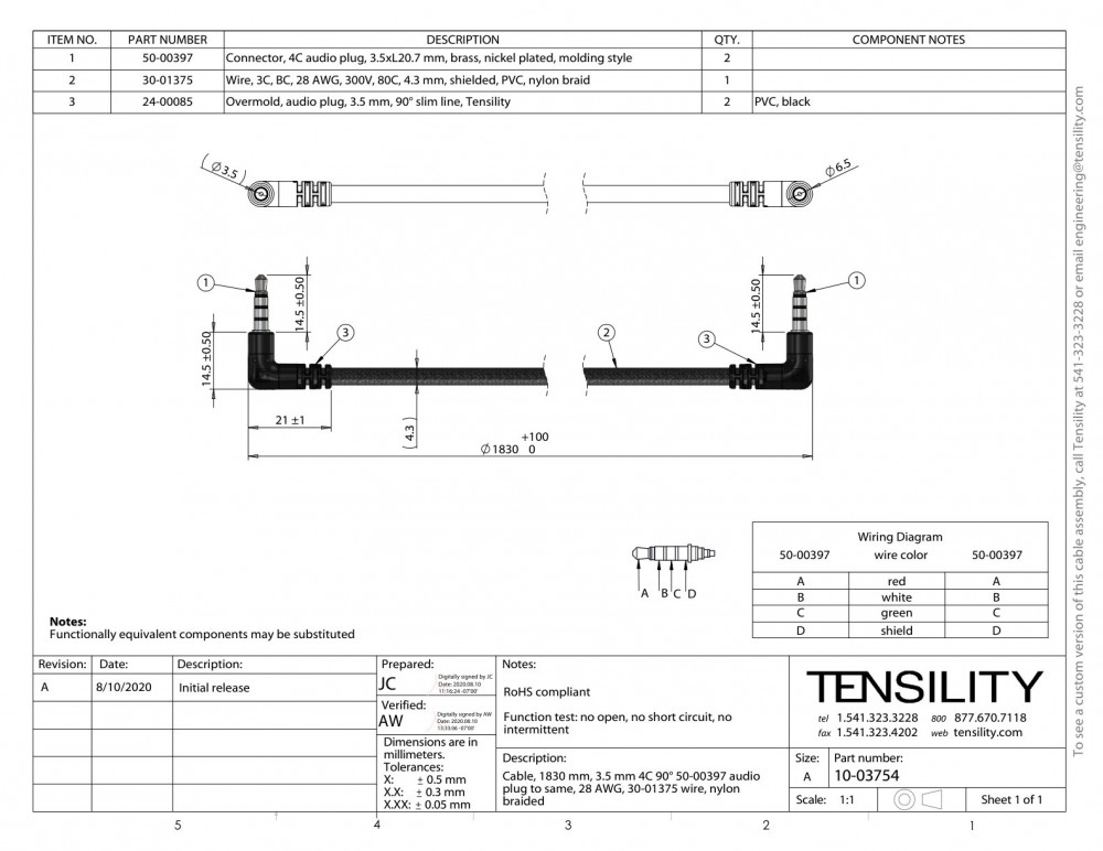 Tensility International 10-03754 cable assembly drawing