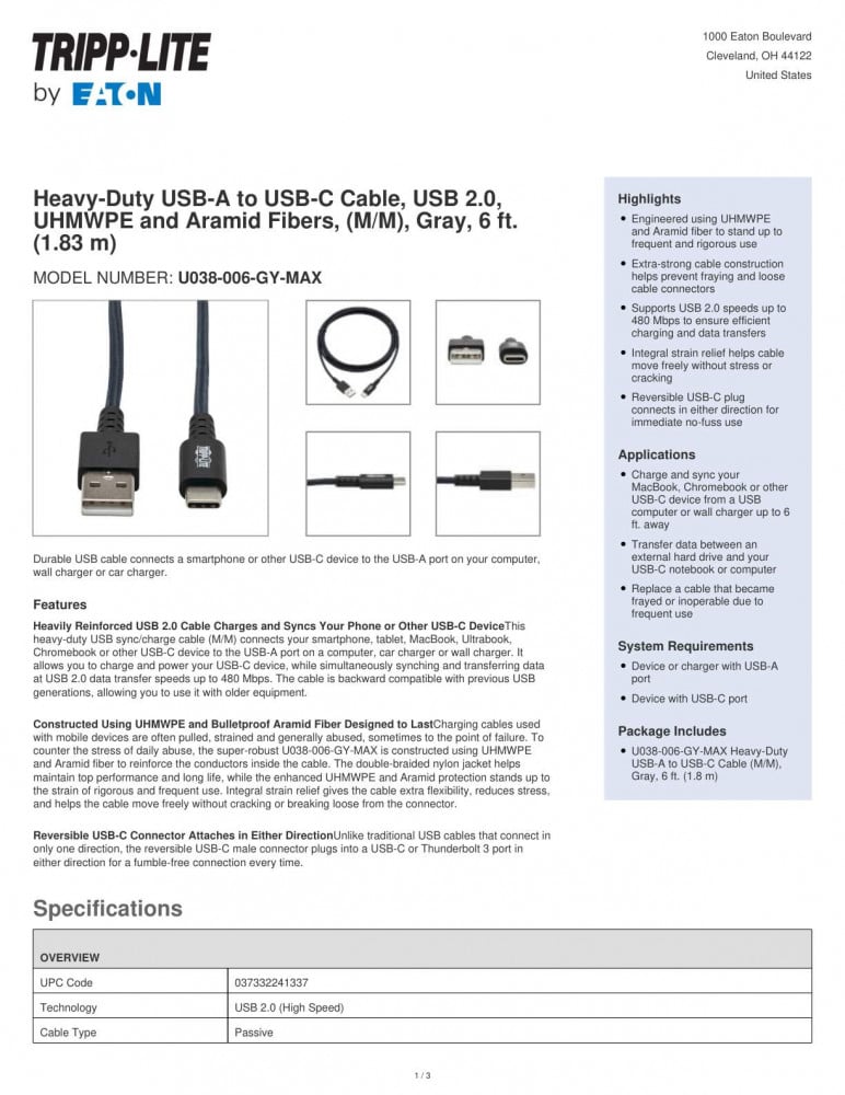U038-003-GY-MAX technical document page 1