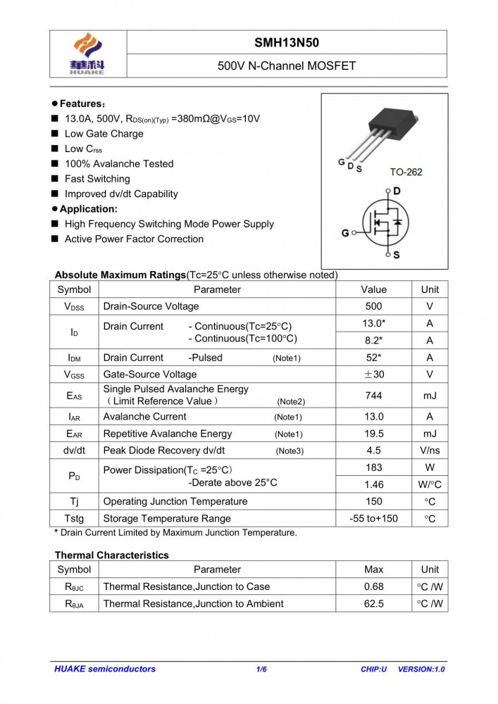 SMH13N50 datasheet page 1