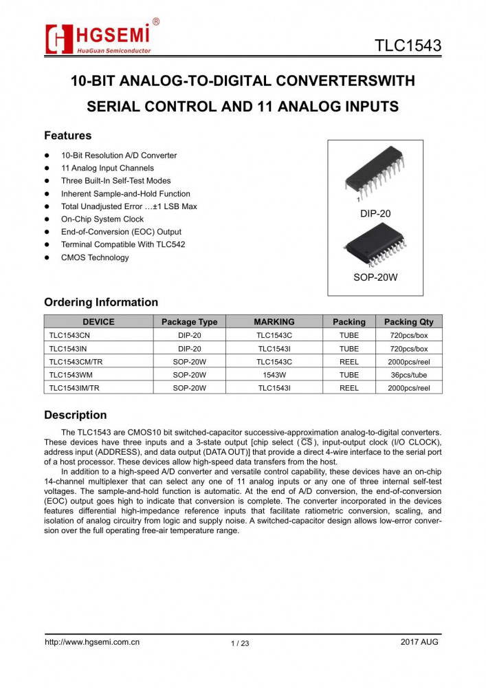 TLC1543CN datasheet page 1