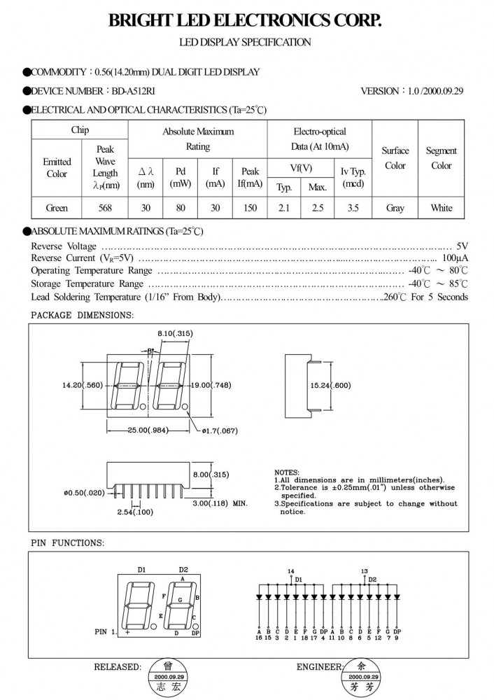 BD-A512RI specification sheet, page 1