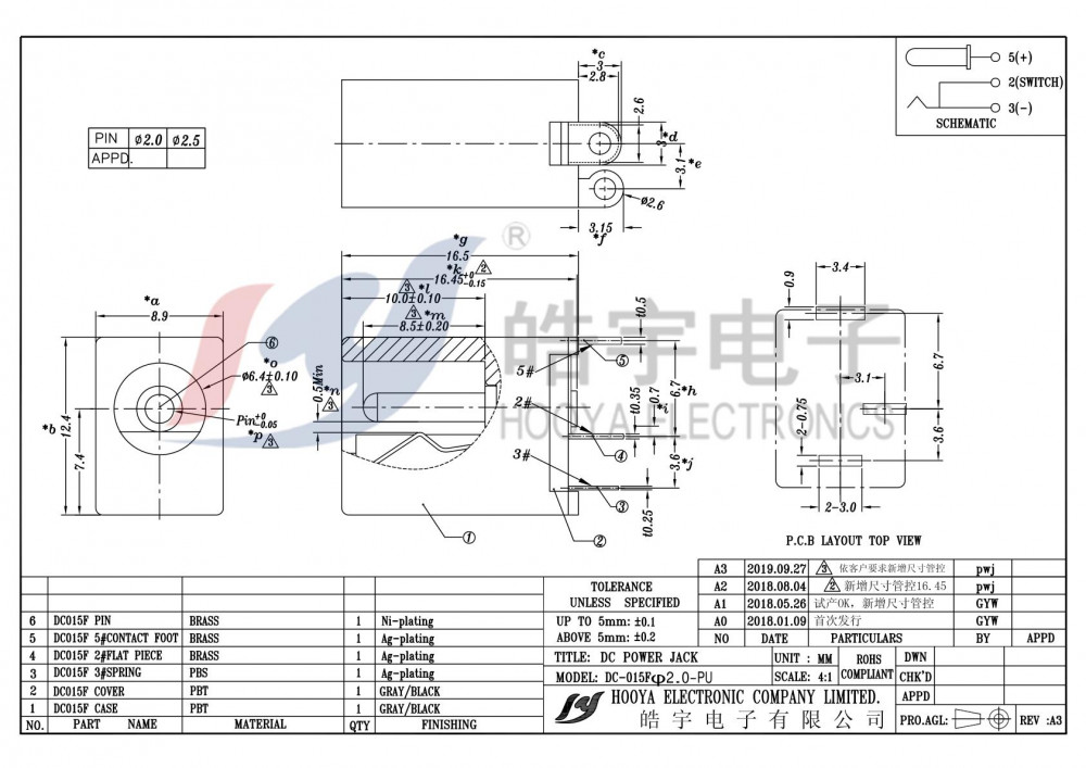 HOOYA DC-015F-2.0-PU technical drawing