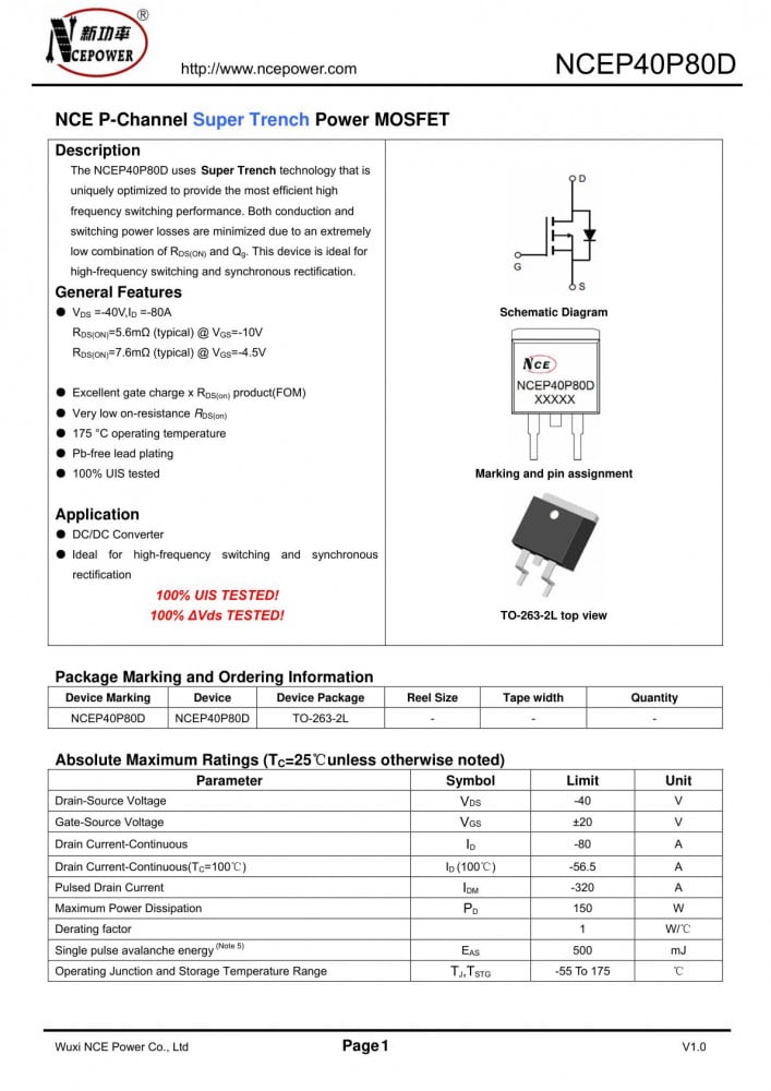 NCEP40P80D datasheet page 1