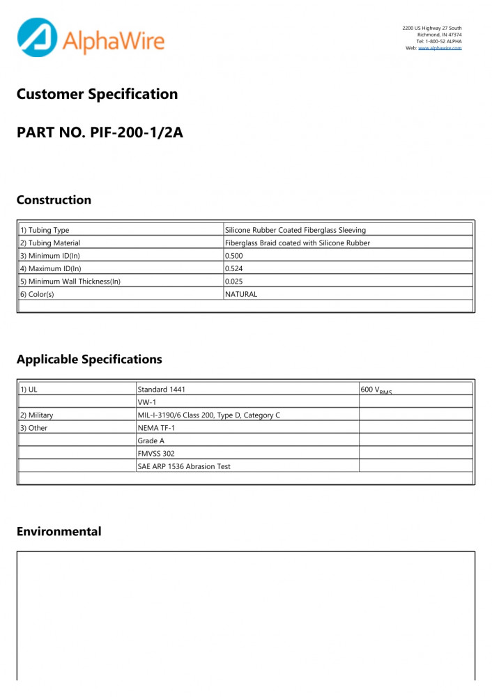Alpha Wire PF2001/2A NA005 specification page 1