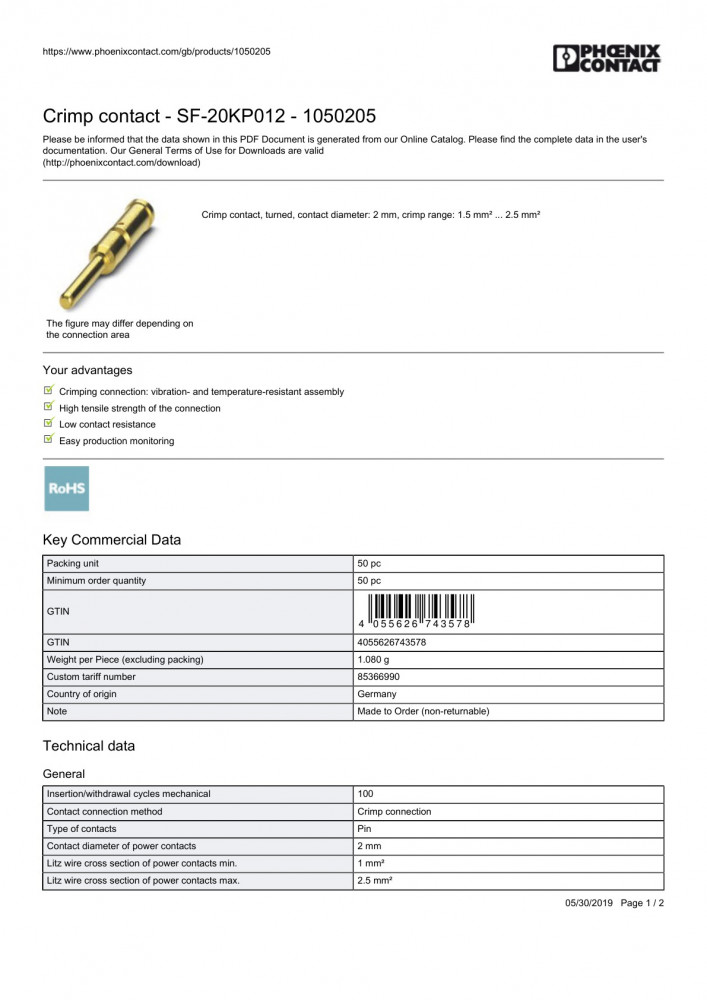Phoenix Contact 1050205 technical document page 1