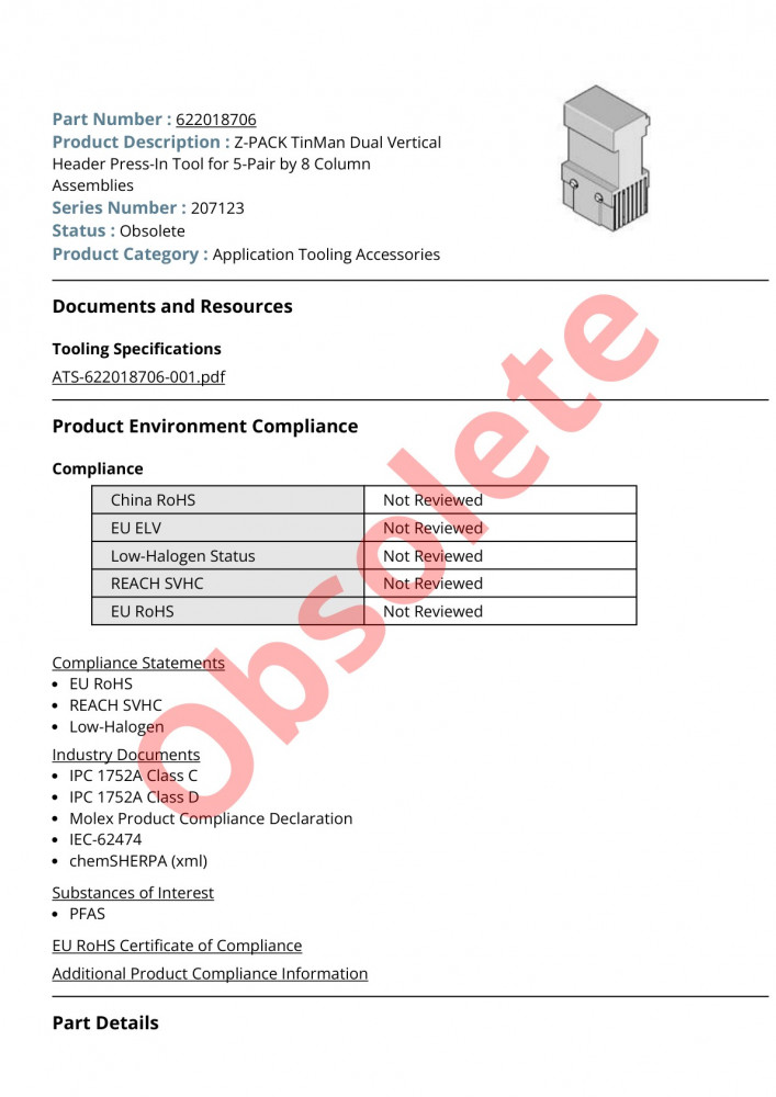 Tooling document page 1 for MOLEX 622018706