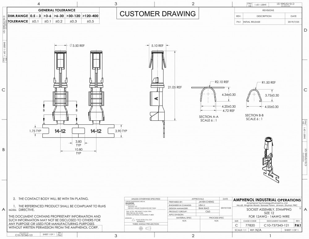 Amphenol C10-737343-121 customer drawing preview