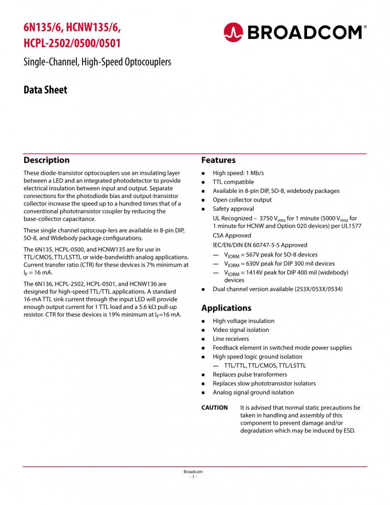 6N135 datasheet page 1