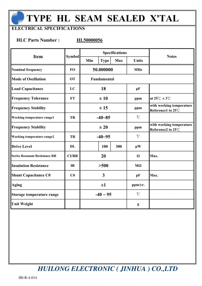 HL50000056 electrical specifications