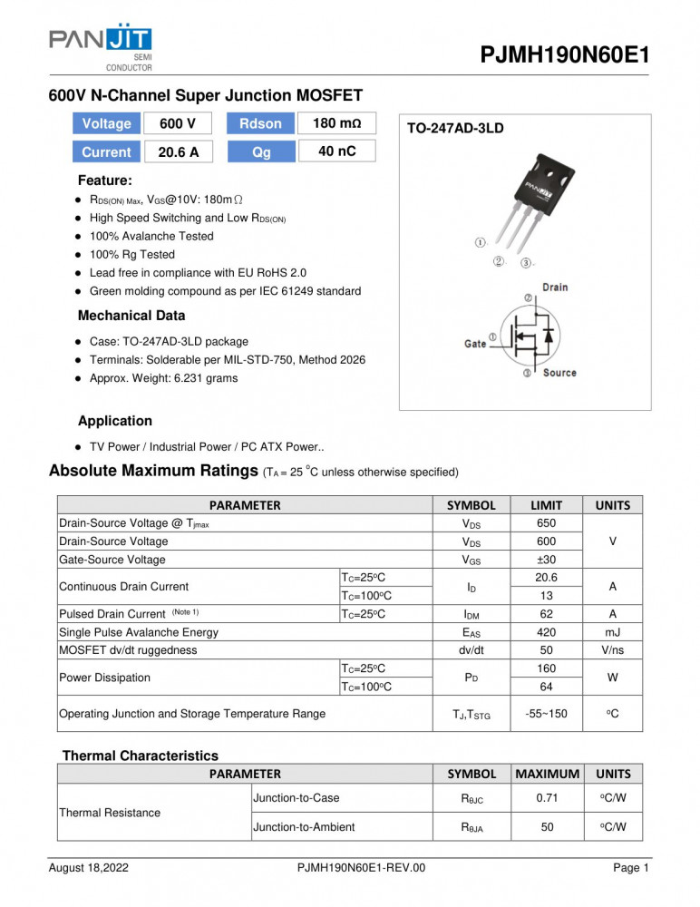 PJMH190N60E1 datasheet page 1