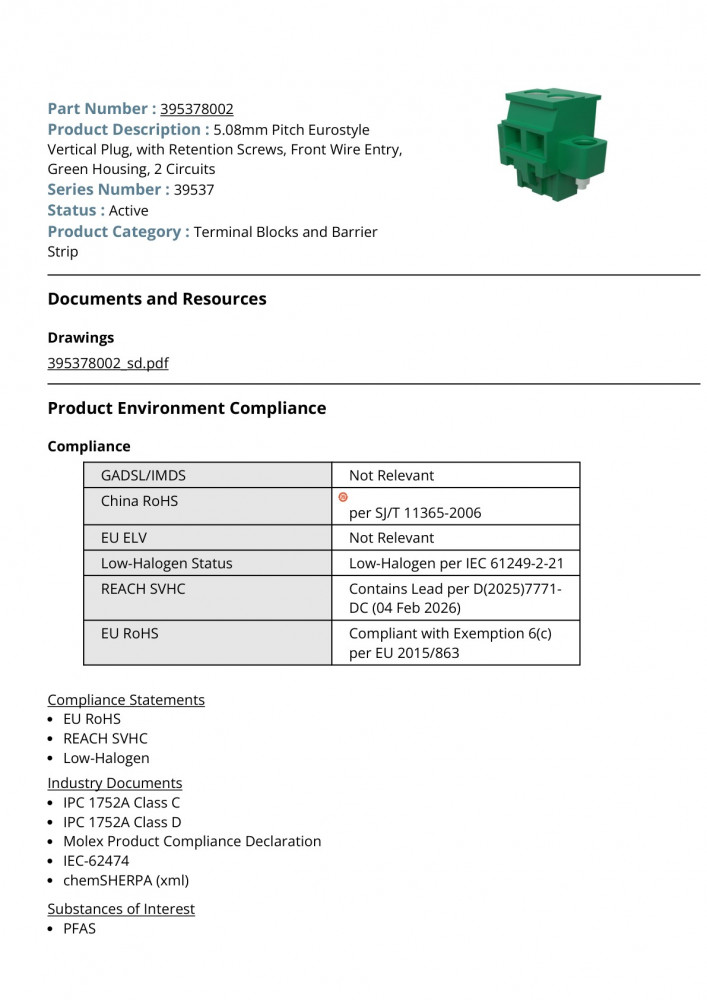 MOLEX 39537 series drawing, page 1