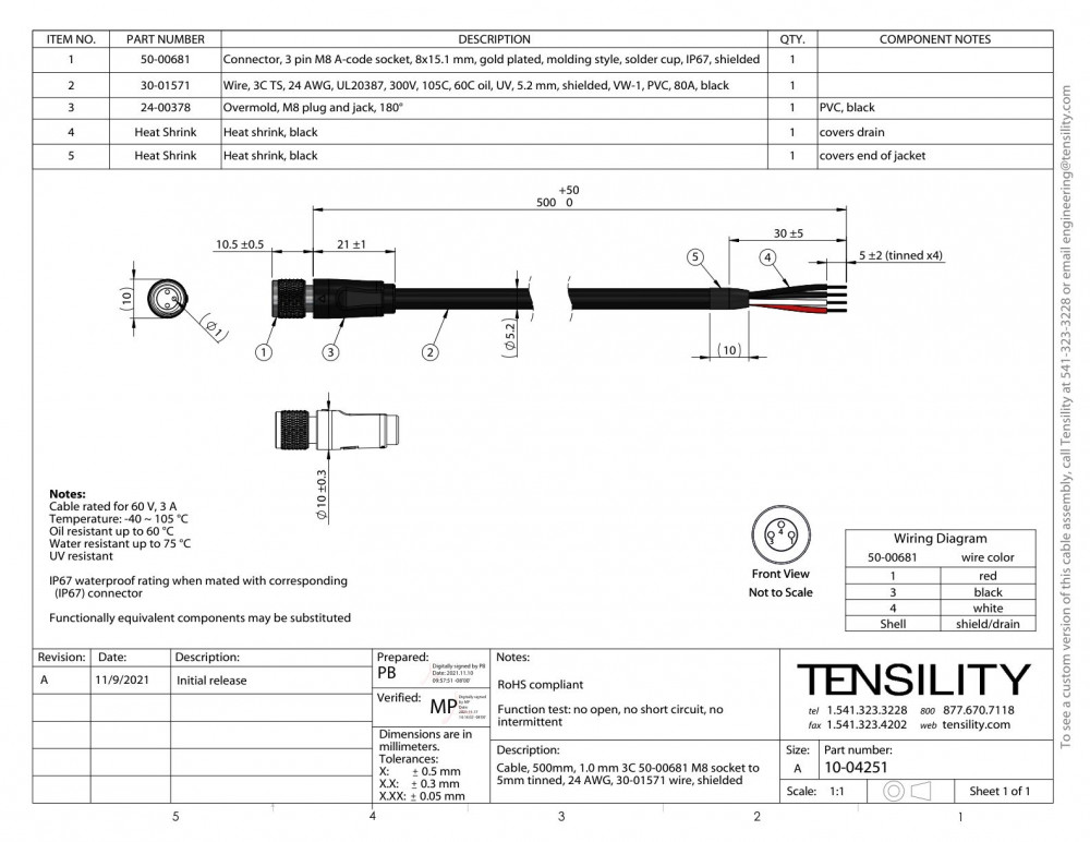 Tensility 10-04251 product drawing, cable assembly and wiring details