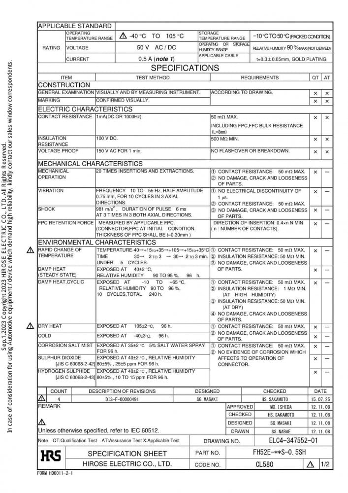 HRS FH52E-30S-0.5SH specification sheet page 1