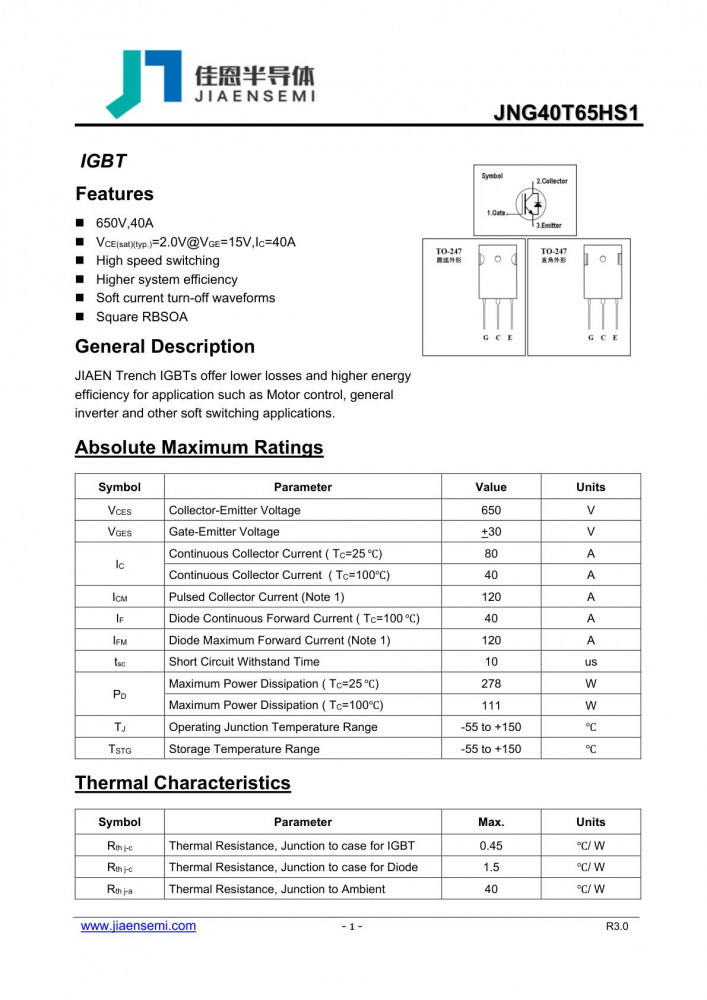 JNG40T65HS1 datasheet page 1