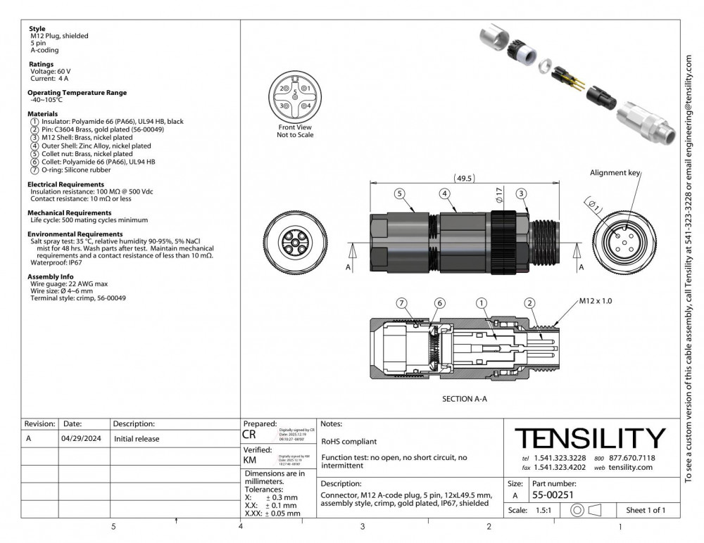 Tensility 55-00251 M12 A-coded 5-pin shielded plug product drawing