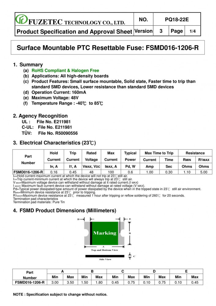 FSMD016-1206-R specification sheet page 1