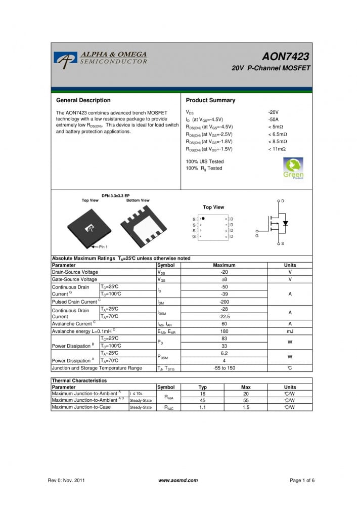 AON7423 datasheet page 1