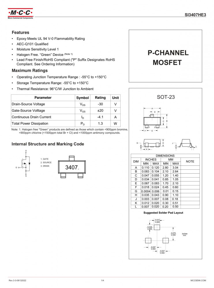 SI3407HE3-TP datasheet page 1