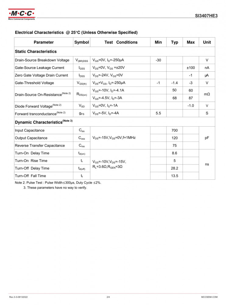 SI3407HE3-TP datasheet page 2
