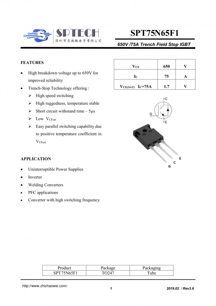 SPT75N65F1 datasheet page 1