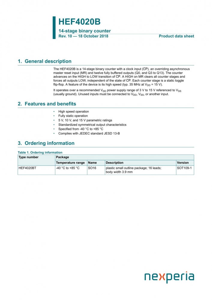 HEF4020BT datasheet page 1