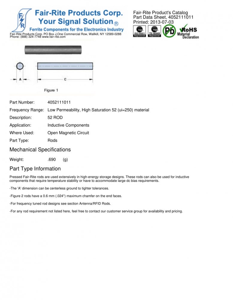 Fair-Rite 4052111011 technical document page 1