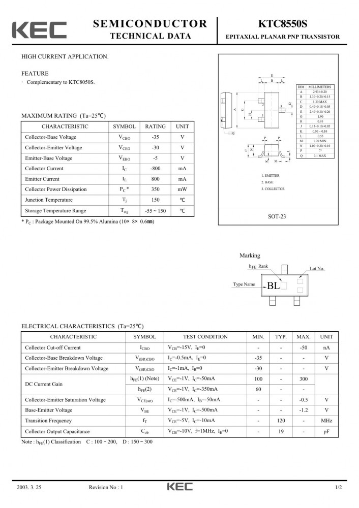 KTC8550S-D-RTK/P datasheet page 1
