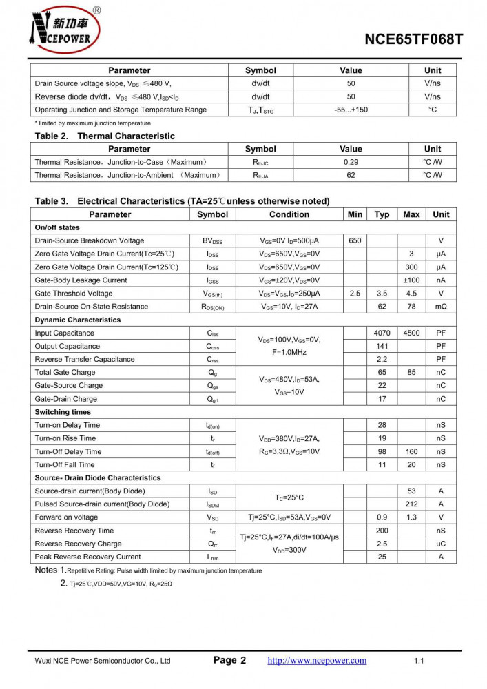 NCE65TF068T datasheet page 2