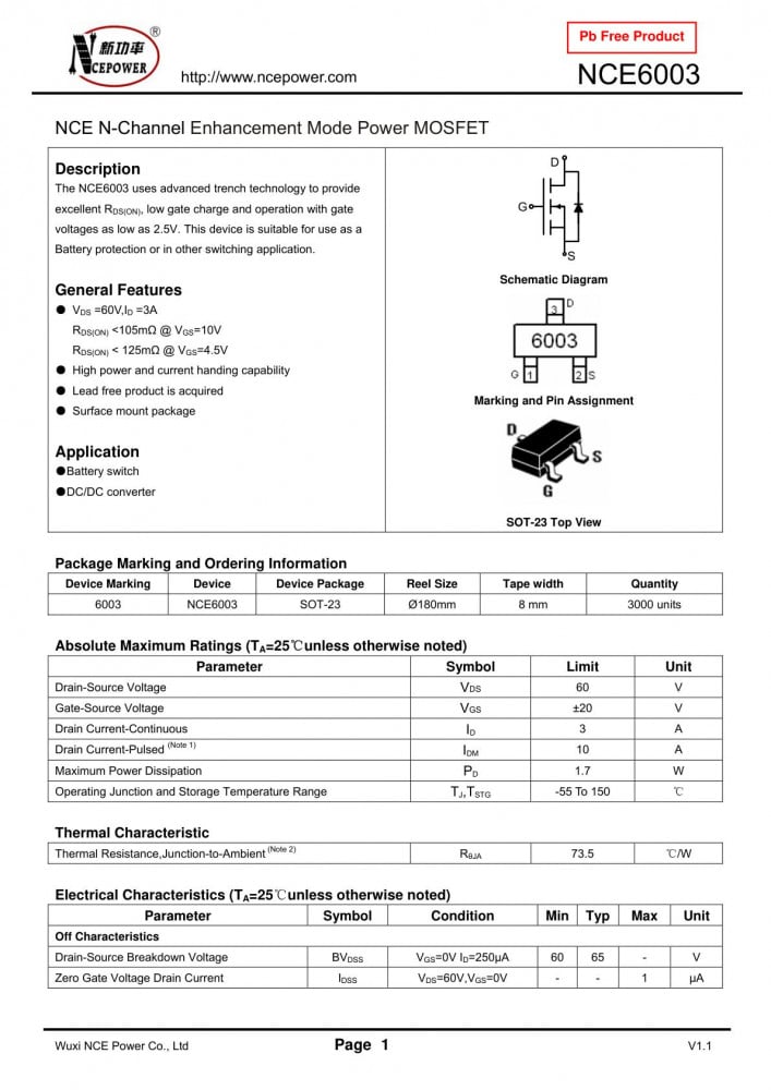 NCE6003 datasheet page 1