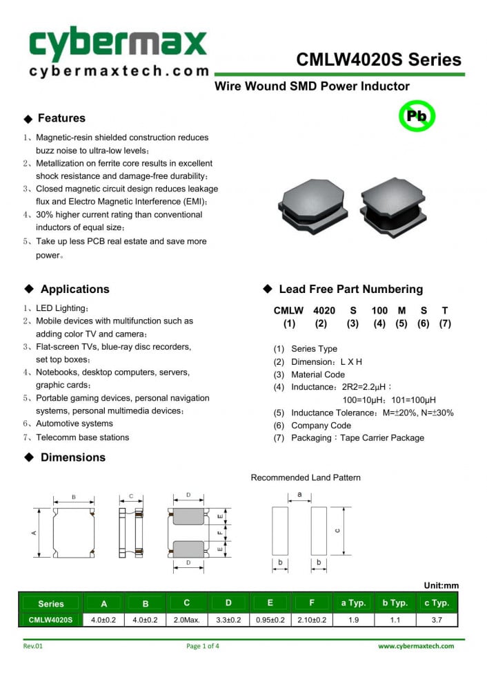 Cybermax CMLW4020S datasheet page 1