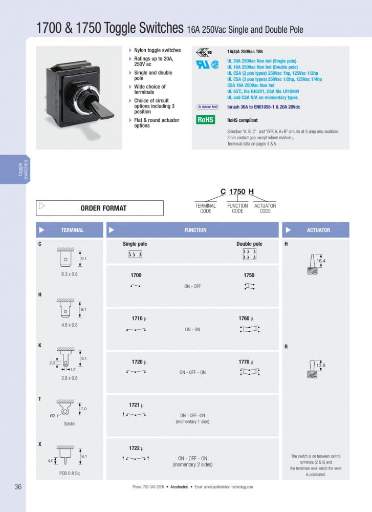 Bulgin 1700 and 1750 toggle switch datasheet page 1