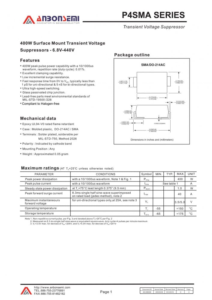 P4SMA160A datasheet page 1
