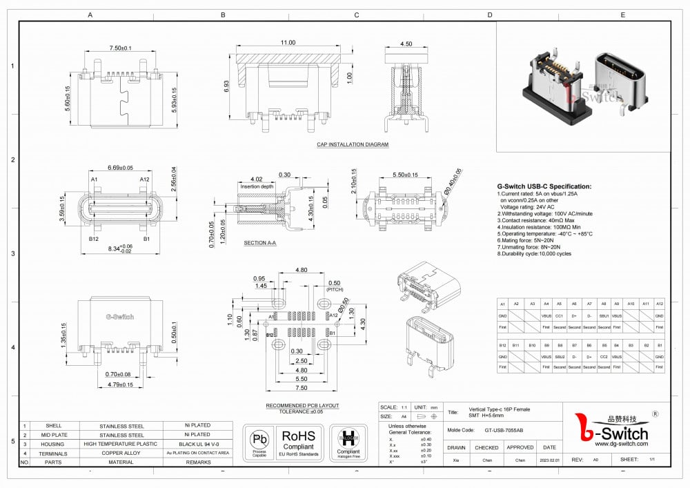 G-Switch GT-USB-7055AB specification drawing