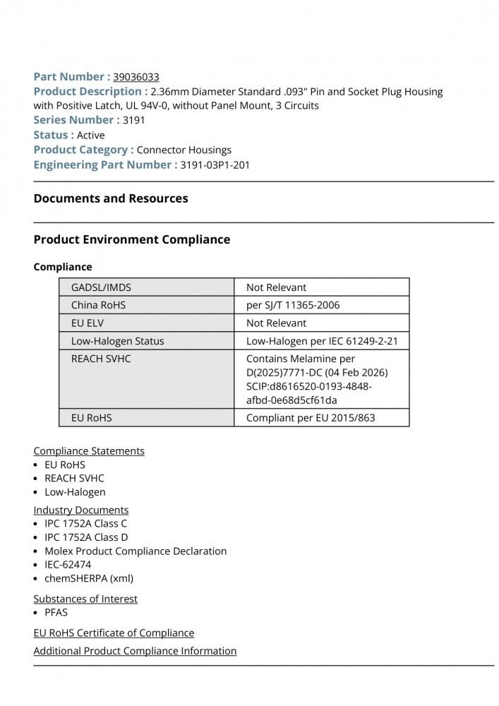 MOLEX 39036033 technical document preview, page 1