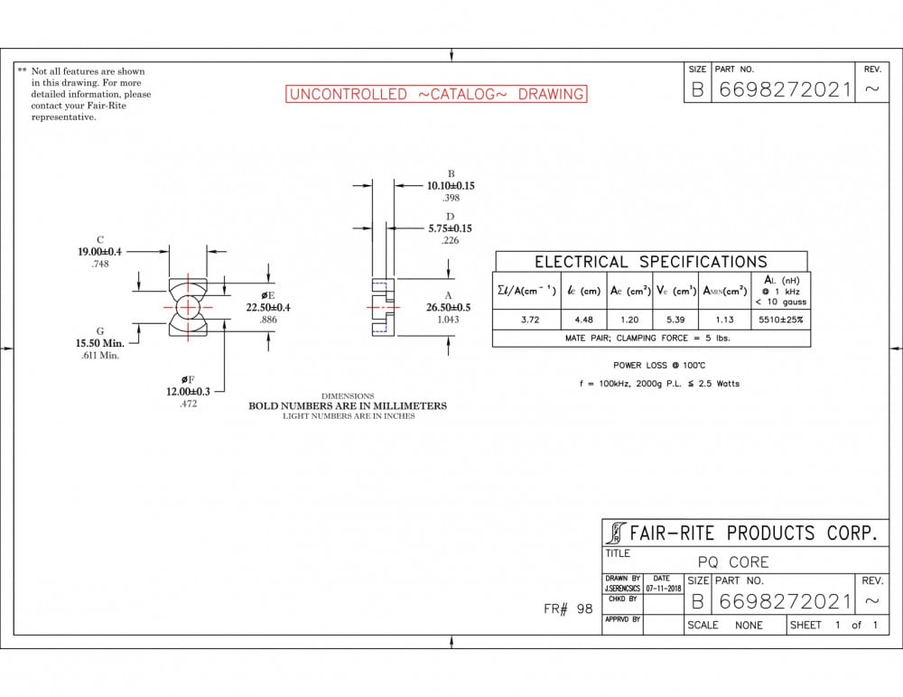 Fair-Rite 6698272021 PQ Core drawing