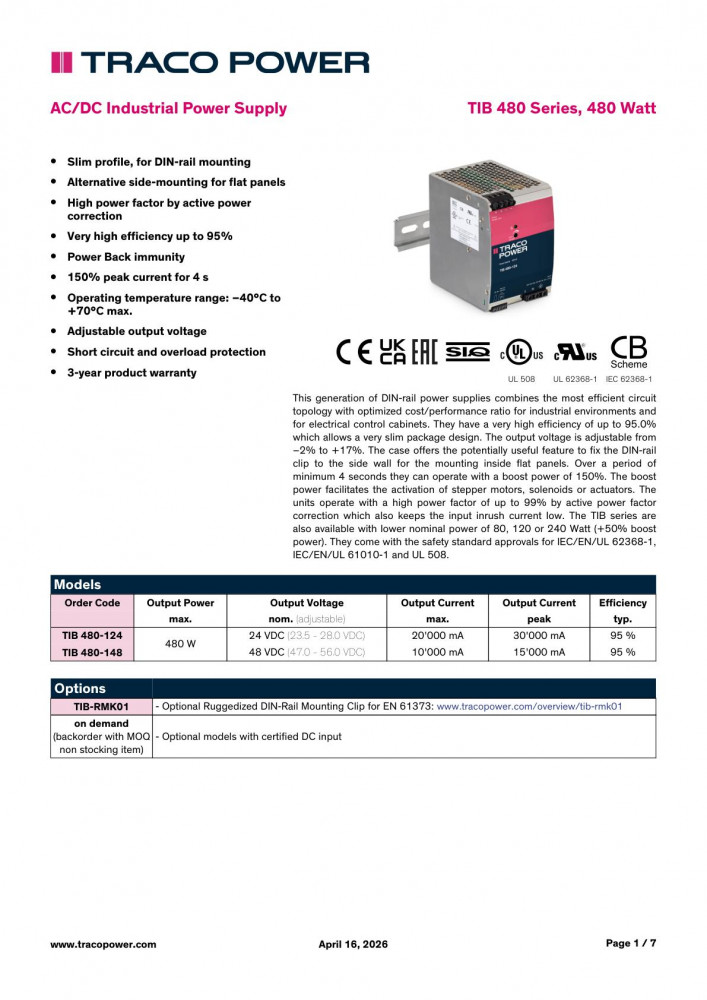 TIB 480 series datasheet page 1