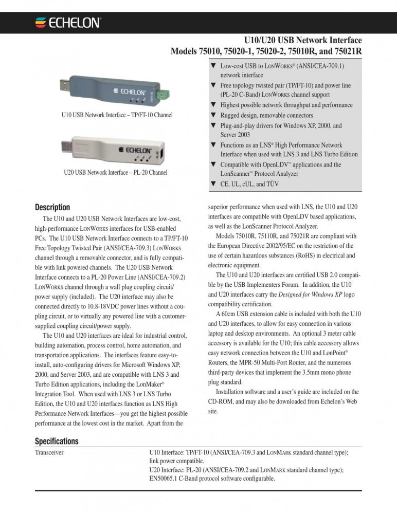 75010R U10 USB Network Interface document image, page 1