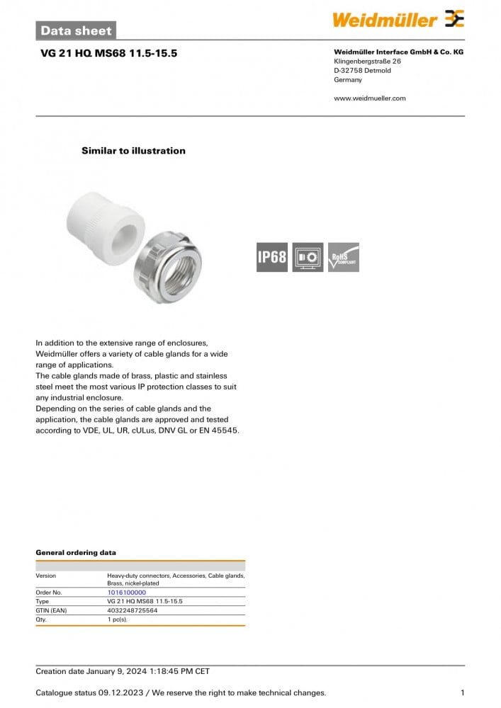 WEIDMULLER 1016100000 technical document page 1