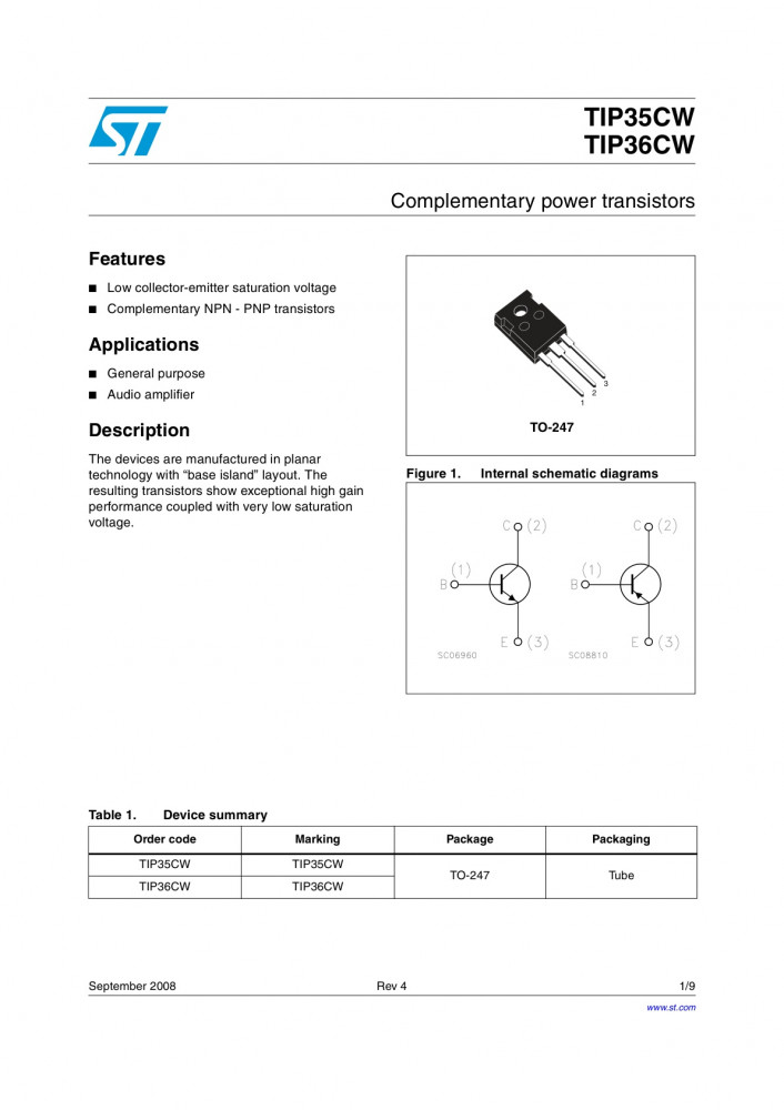 TIP35CW datasheet page 1