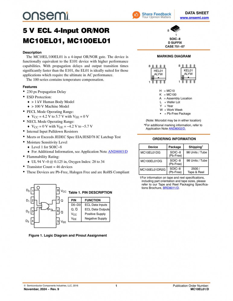 MC10EL01 datasheet page 1